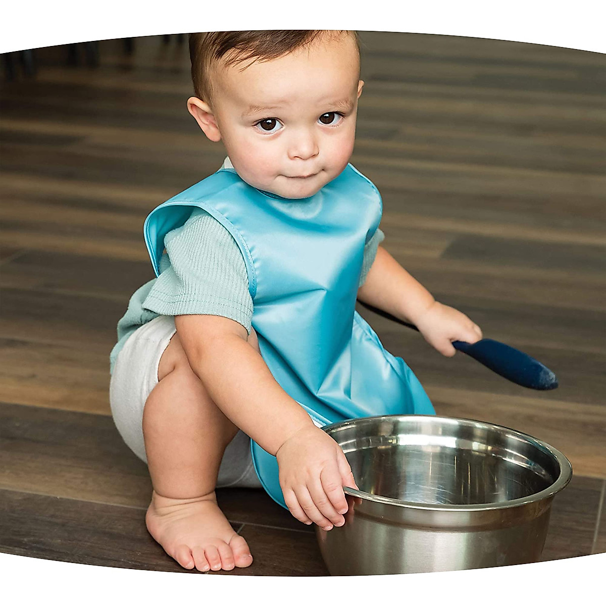 Tiny Twinkle Mess-Proof Apron Toddler Bibs w/Tug-Proof Closure, Baby Food Bibs, 2 Pack (Slate Olive, Small 6-24 Months)