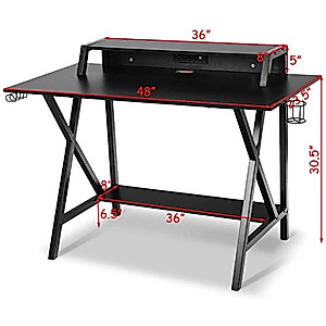 HAPPYGRILL Gaming Desk Home Computer Desk with Cup Holder & Headphone Hook, Professional Gaming Table Gamer Workstation with Built-in Wire-Management