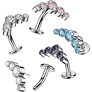 Titanium Threadless Convex Base Floating Belly Ring With 5 Bezel Crystal Curve Top (Aqua)