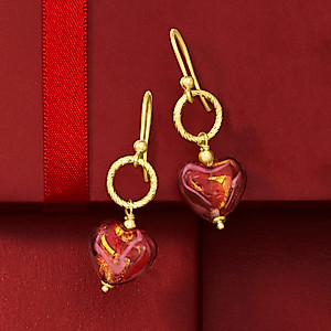 Ross-Simons Italian Red and Pink Murano Glass Heart Drop Earrings in 18kt Gold Over Sterling