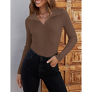 ZESICA Sweaters for Women Spring Long Sleeve V Neck Ribbed Knit Pullover Tops Casual Slim Fit Basic Tee Shirts,Mocha,Small