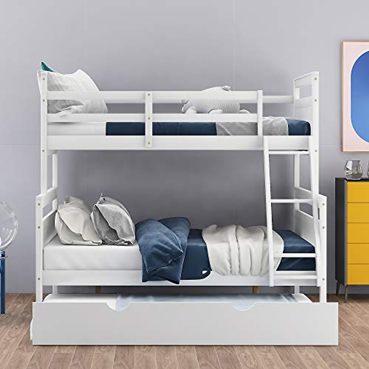 DEYOBED Twin Over Full Wooden Bunk Bed with Trundle Converted into 2 Beds for Kids Teens