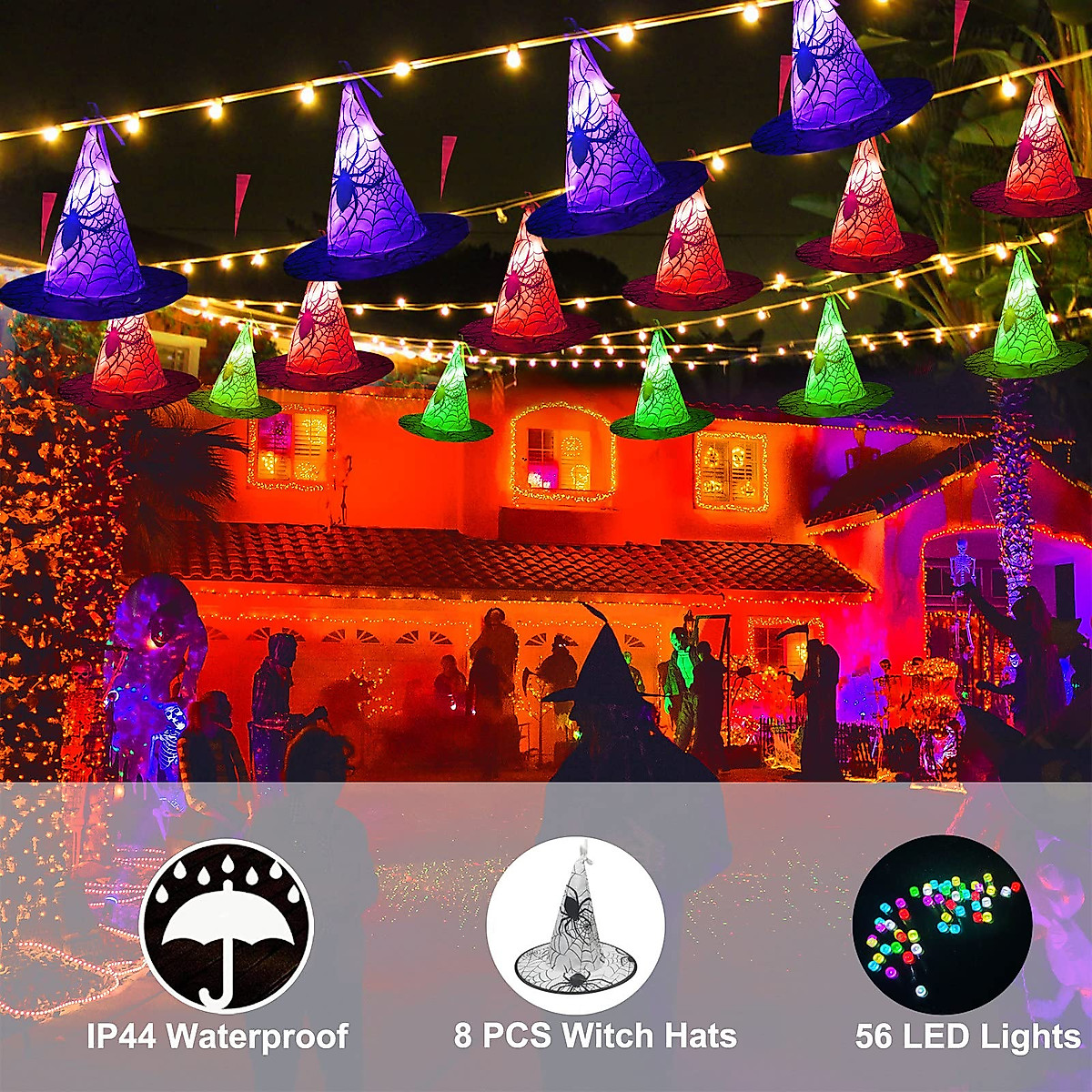 Lighted Hanging Witch Hats for Halloween Decorations, 8Pcs Color Changing 17FT 56 LED Light Up Witch Hats String Lights with Remote for Indoor Outdoor Party Yard Garden Tree Halloween Decor