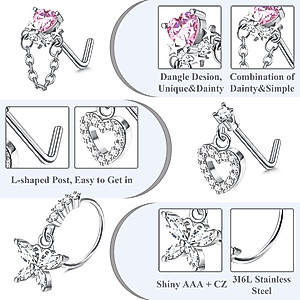 JOERICA 10 Pcs 20G Dangle Nose Rings Studs for Women 316L Stainless Steel L Shaped Nose Studs Heart Butterfly Moon Star Snowflake CZ Dangle Nose Rings Dangling Nose Piercing Jewelry