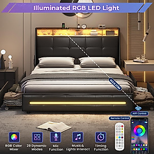 MSmask Queen Bed Frame with 4 Storage Drawers, Charging Station and LED Lights, Upholstered Bed Frame with Button Tufted Wingback Headboard, LED Bed Frame Queen Size, No Box Spring Needed, Black