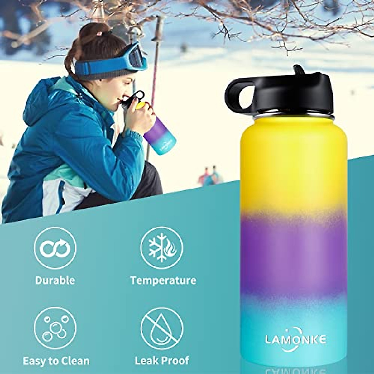 LAMONKE 32oz Vacuum Insulated Stainless Steel Water Bottle with Straw Lids & Spout Lids & Wide Mouth, Double Wall BPA Free Sweat-Proof Thermos to Keep Beverages Perfectly Hot or Cold