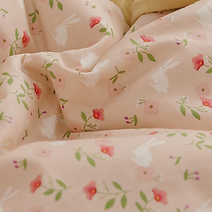 BlueBlue Rabbit Duvet Cover Set Queen 100% Cotton Bedding for Kids Boys Girls Teens Cartoon Bunny Red Flower Garden on Pink 1 Reversible Check Comforter Cover Full 2 Pillowcases