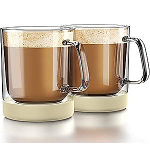 Zovoko Double Wall Insulated Glass Coffee Mugs (Large - 16 oz - Set of 2) - Removable Non-Slip Silicone Coaster - Microwave/Dishwasher Safe - 100% Borosilicate Glass