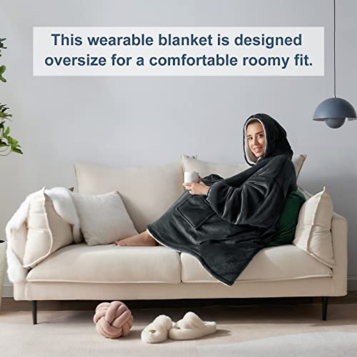 CozyLux Wearable Blanket Hoodie Gifts for Women, Oversized Warm Sherpa Flannel Sweatshirt Blanket with Hood and Pockets, One Size Fits All Presents for Women, Grey