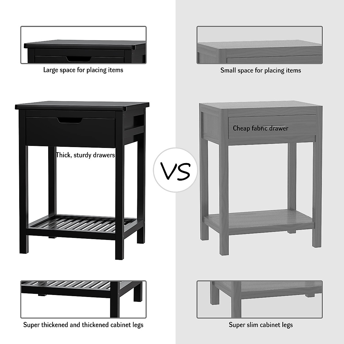 WTZ Nightstand, End Table, Bamboo Night Stand Bedside Table, Side Table with Drawer for Bedroom, Living Room, Lounge, Space Saving, Easy Assembly, NS-538 Black (1, Black)