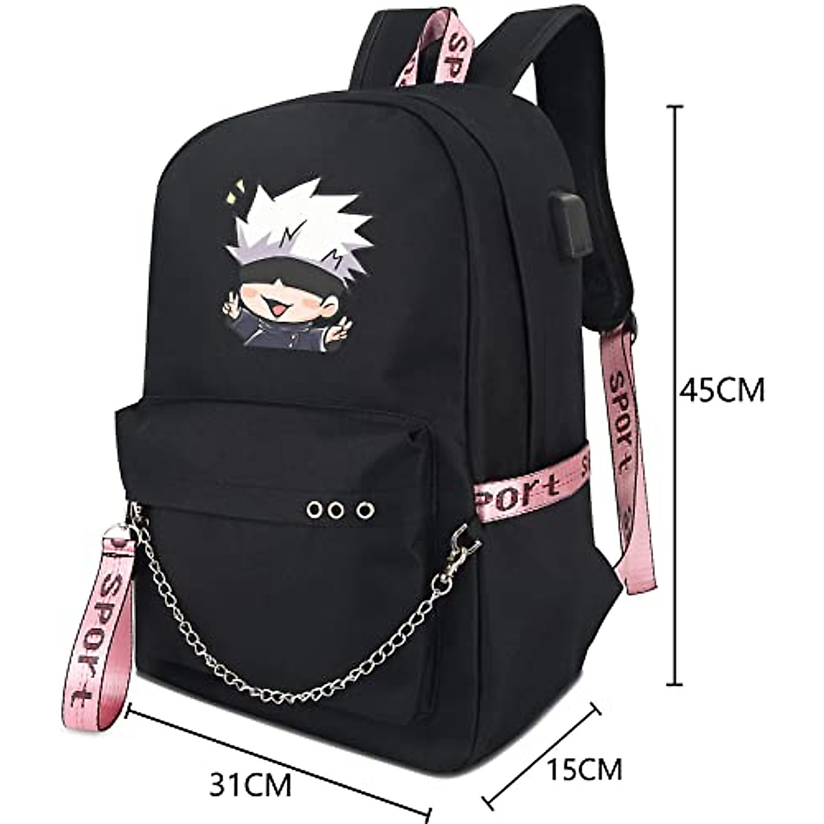 Roffatide Anime Jujutsu Kaisen Backpack Gojo Satoru Book Bag Laptop School Bag with USB Charging Port and Headphone Port