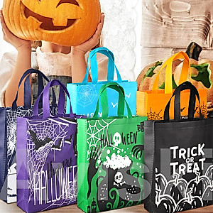 Aviski 12PCS Halloween Trick or Treat Bags,Halloween Tote Bags with Handles, Large Gift Bags, Multifunctional Non-Woven Halloween Bags for Gifts Wrapping, Halloween Party Supplies, 15×11.8×3.9"