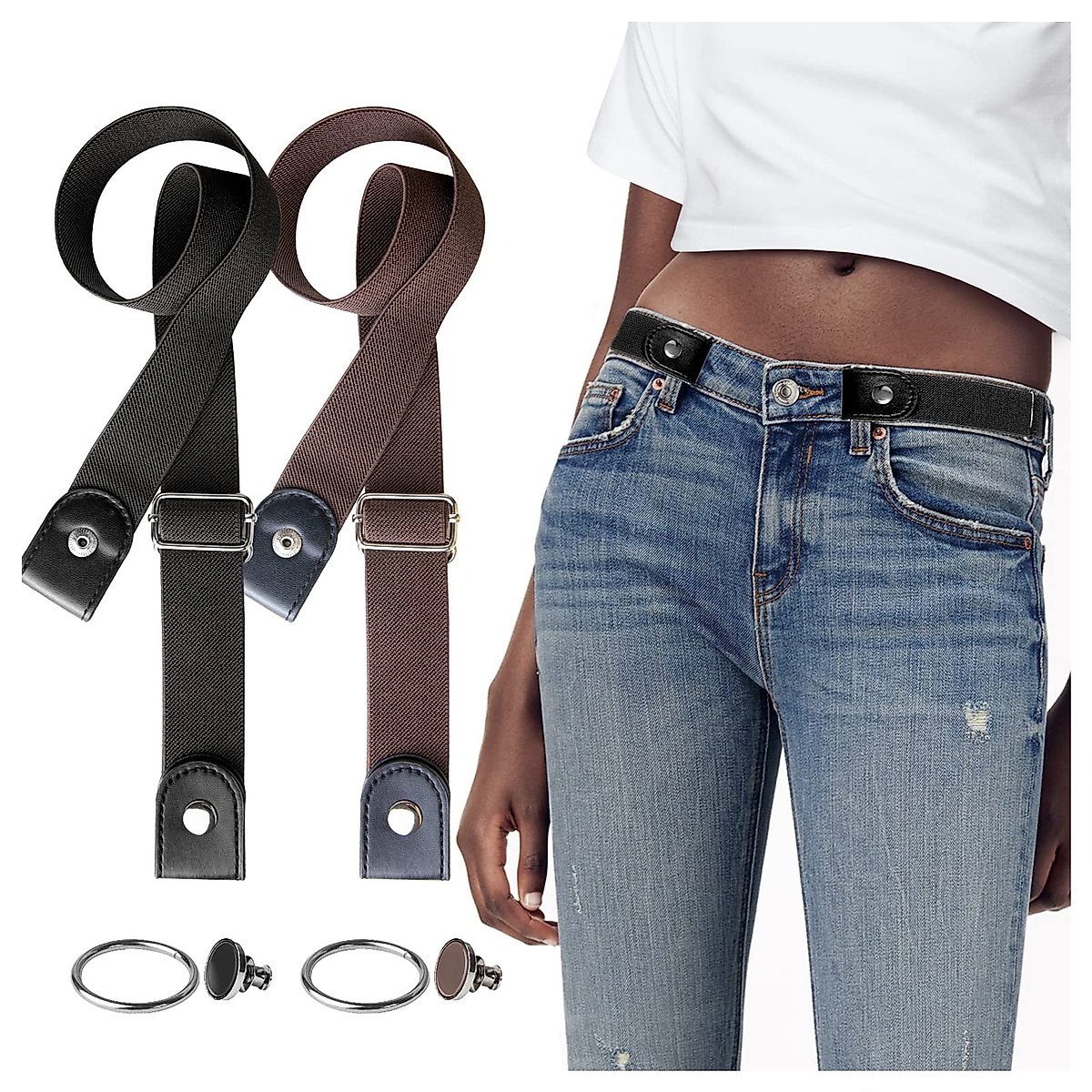 YUNDUOJIA No Buckle Comfortable Elastic Stretch Belts for Womens, Black Elastic Waist Adjustable Invisible Belts for Jeans Pants（2 Sets）