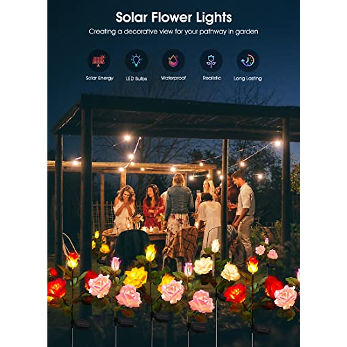 Solar Garden Lights - 4 Pack LED Solar Flower Lights with Larger & More Realistic Rose Flowers, Bigger Solar Panel, Waterproof Solar Outdoor Lights for Yard Patio Lawn Pathway Walkway Decoration