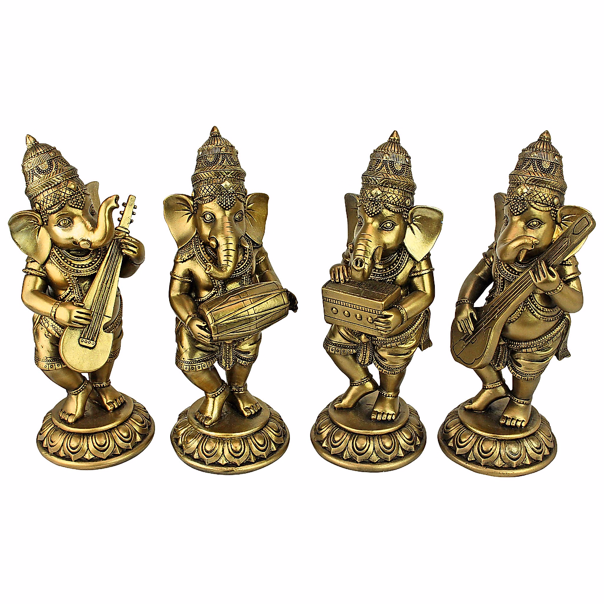 Design Toscano Musical Ganesha Hindu Elephant Men Band Statues, Set of Four Figurines, 7 inches tall, Cast Stone Resin, Antique Gold Finish