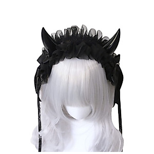 CoBtee Gothic Lolita Headdress Lace Devil Horns Cosplay Headbands Hair band Hair Accessories Headwear Halloween Party (black devil horns)