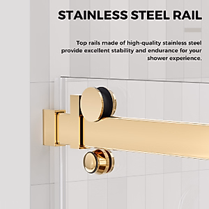 DELAVIN 56-60.in W x 72.in H Frameless Shower Door, Water Repellent Gold Shower Door with 5/16" (8mm) Clear Tempered Glass, Easy Sliding Showe Door with Explosion-Proof Film, Stainless Steel