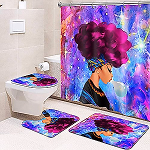 4PCS African American Woman Shower Curtain Set for Bathroom with Rugs and Accessories Sets Include Black Girl Bathroom Shower Curtain Set & 3 Non-Slip Bath Mat (Purple)