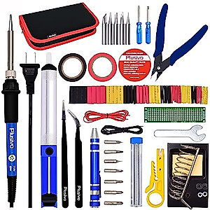 Soldering Iron Kit - Soldering Iron 60W Adjustable Temperature, Solder Wire, Soldering Stand, Wire Cutter, Solder Tips, Desoldering Pump, Wire Cutter, Solder Paste, Heatshrink Tubes from Plusivo