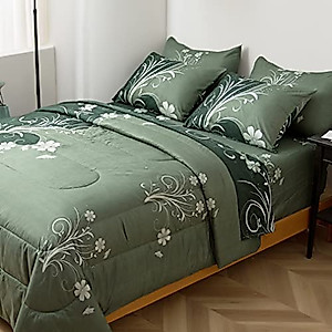 MUGINYU Botanical Comforter Set Queen Size,Dark Green with White Floral 7 Piece Bed in A Bag All Season Reversible Patchwork Bedding Set
