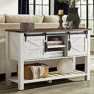 OKD Entryway Table with Sliding Barn Doors, 46" Farmhouse Console Table with Storage Shelf, Rustic Sofa Table Behind Couch, Entry Table for Hallway, Entry Way, Living Room, Foyer, Antique White