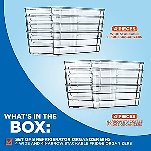 NutriChef Set of 8 Refrigerator Bins-4 Wide and 4 Narrow Stackable Fridge Organizers for Freezer, Kitchen, Countertops, Cabinets-Designed with Practical Carry Handles and Interior, 8 containers, Clear