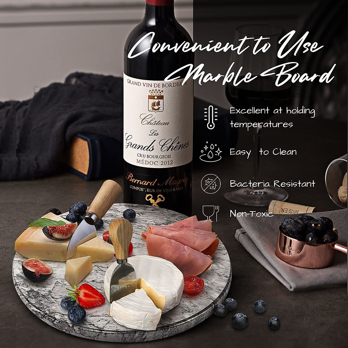 Flexzion Round Marble Cheese Board - 12 Inch White Marble Serving Board for Charcuterie, Cheese, Cutting, Pastry, Trivet - Non-Stick and Heat Resistant Marble Board