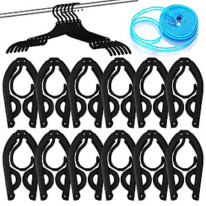 exinddea 12 PCS Travel Hangers,Portable Folding Clothes Hangers Travel Accessories,Foldable Clothes Drying Rack for Travel,Travel Clothes Hangers with Clotheslines,Black Non Slip Clothing Hangers