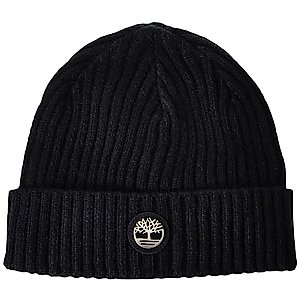 Timberland Men's Ribbed Watch Cap with Logo Plate, Black, One Size