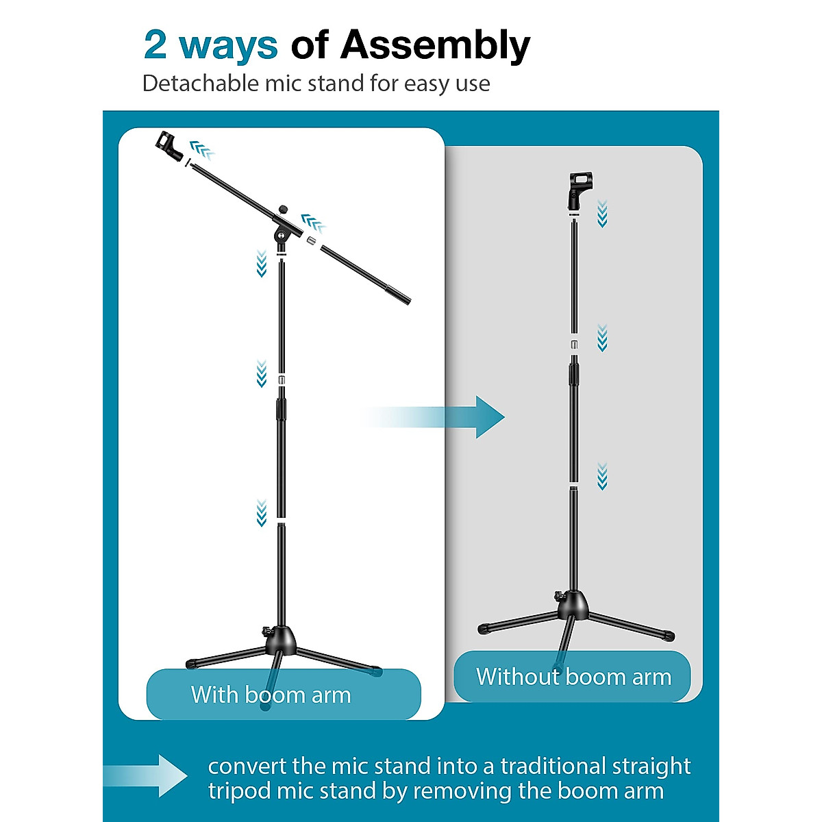InnoGear Microphone Stand, Boom Arm Mic Stand Floor Detachable Height Adjustable Heavy Duty with Mic Clip Holder Metal Base for Blue Yeti HyperX QuadCast Shure SM58 Samson Q2U Fifine K669B
