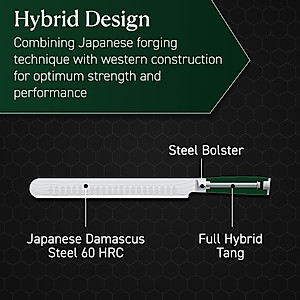 HexClad Carving Knife and Fork Set, 10-Inch, Japanese Damascus Stainless Steel Blade Knife with Full Tang Construction and 2-Pronged Fork, Pakkawood Handles