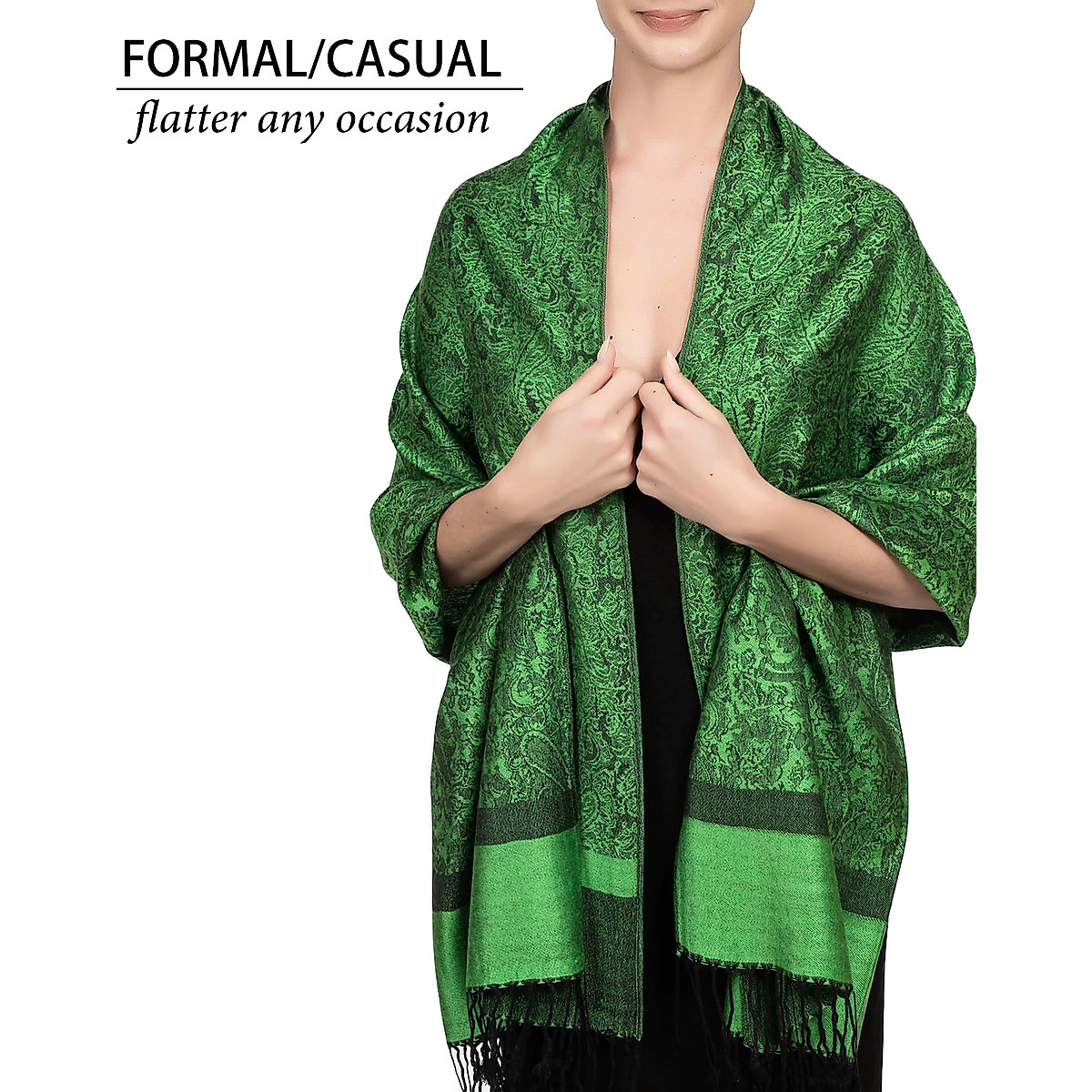 Achillea Women's Two Tone Vintage Jacquard Paisley Pashmina Shawl Wrap Scarf (Kelly Green)