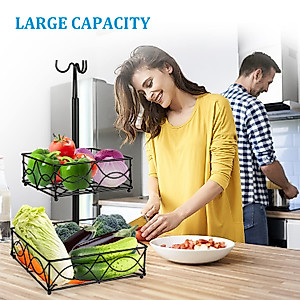 WRYISSE Flower Lattice 2 Tier Countertop Fruit Basket Bowl with 3 Banana Hanger Rectangular Metal Fruit Storage Basket Stand for Vegetable Eggs Snacks (Black, Flower Design)