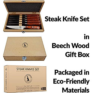 Steak Knife Set in Gift Box 6 Full Tang High Carbon Stainless Steel Micro Serrated Knives Classic Dark Brown Ergonomic Pakkawood Handles Luxury Beech Wood Case Premium Deluxe Birthday Gift Idea