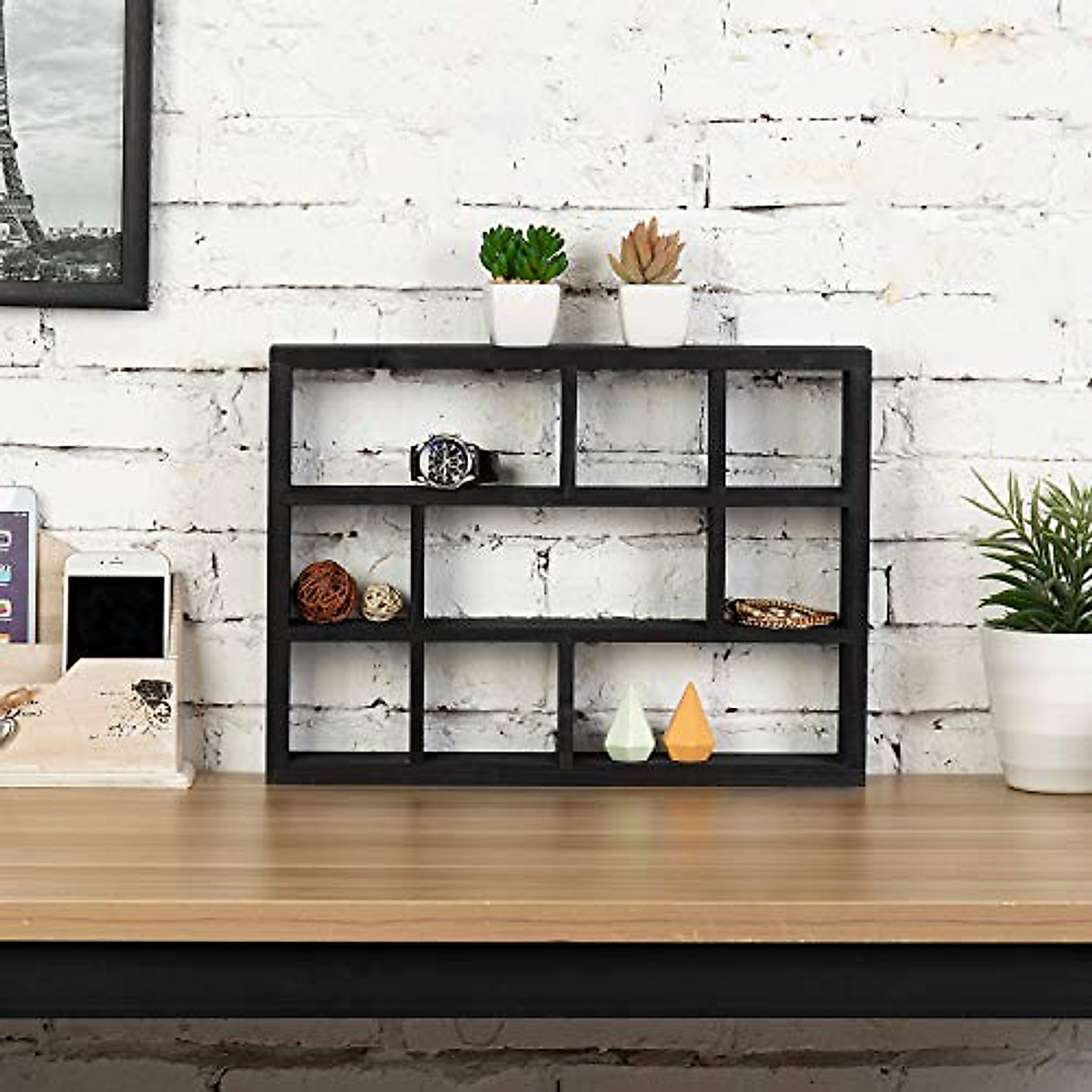 MyGift 15-Inch Wall-Mounted (Vertical or Horizontal) 9-Slot Rustic Wood Floating Shelves/Freestanding Shadow Box, Black