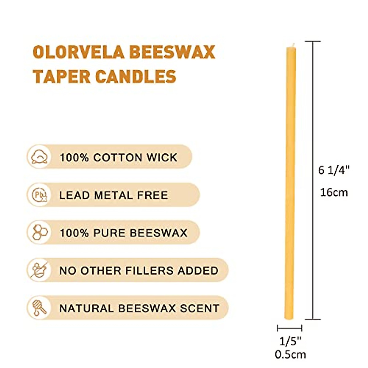 olorvela Beeswax Taper Candles Candlesticks Bulk - Skinny Taper Candles, Thin Beeswax Candles Tall Birthday Candles for Cake, 50pcs 6.3" for Hanukkah, Home Decor, (Yellow)