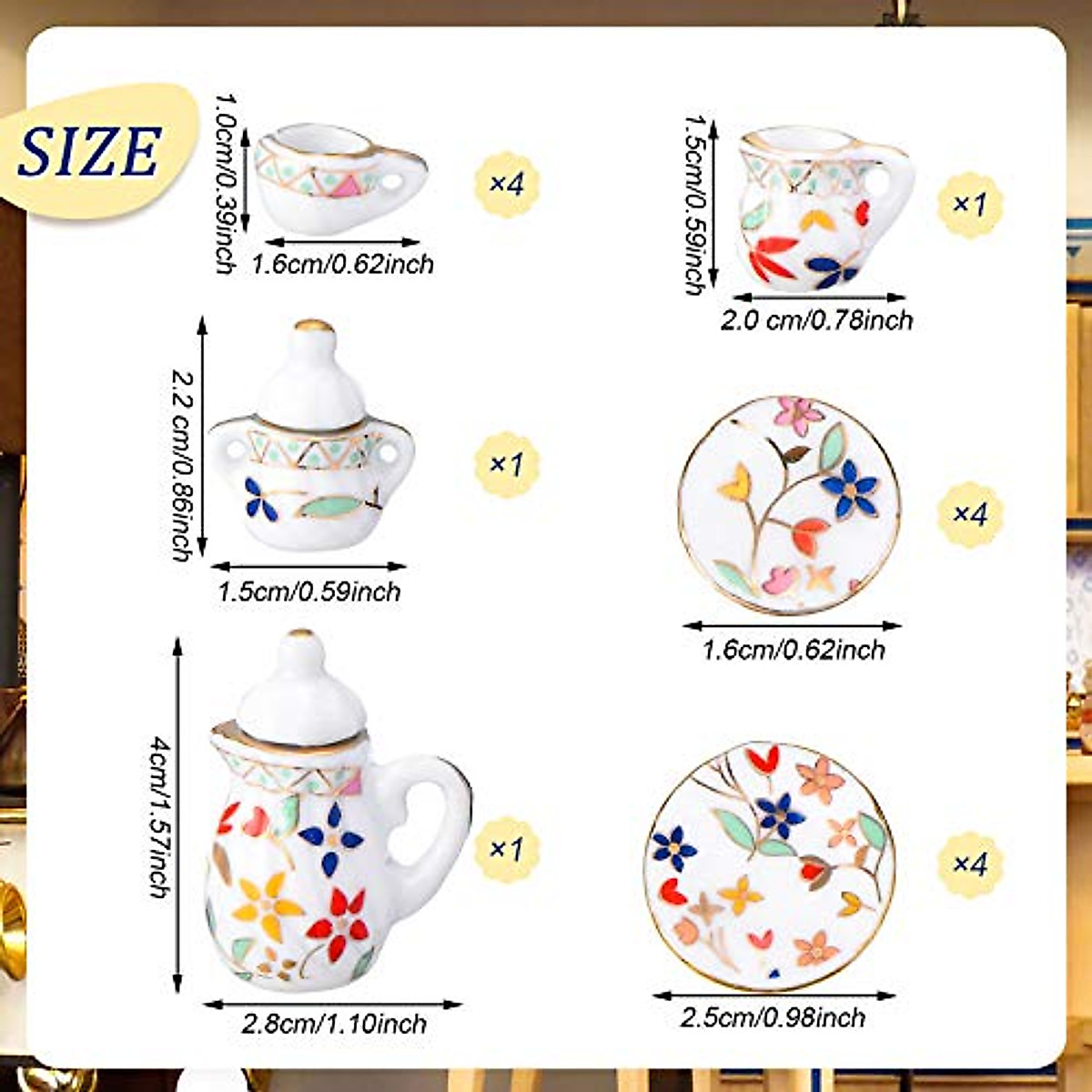 37 Pieces 1:12 Scale Miniatures Dollhouse Kitchen Accessories Include 16 Mini Doll Plates Knife Fork Spoon, 6 Mini Egg Beater Utensil, 15 Mini Tea Cup Set for Doll Toy Supplies (Flora Bloom)