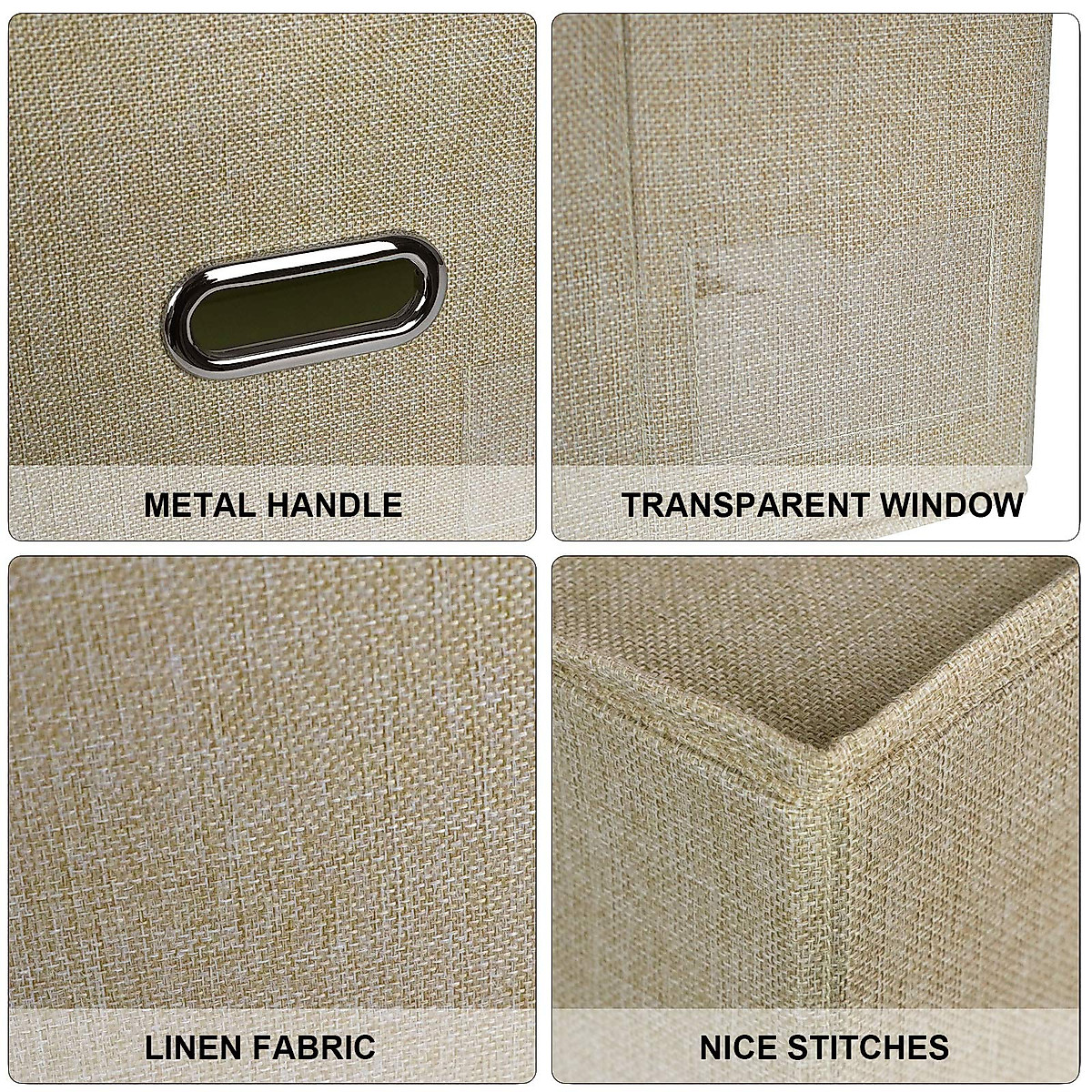 Foldable Storage Boxes with Lids Linen Fabric Collapsible Clothing Bin Organizer Baskets Containers with Carry Handles Transparent Slot Design for Home Bedroom Office Kids Room (Khaki, 3 Pack)