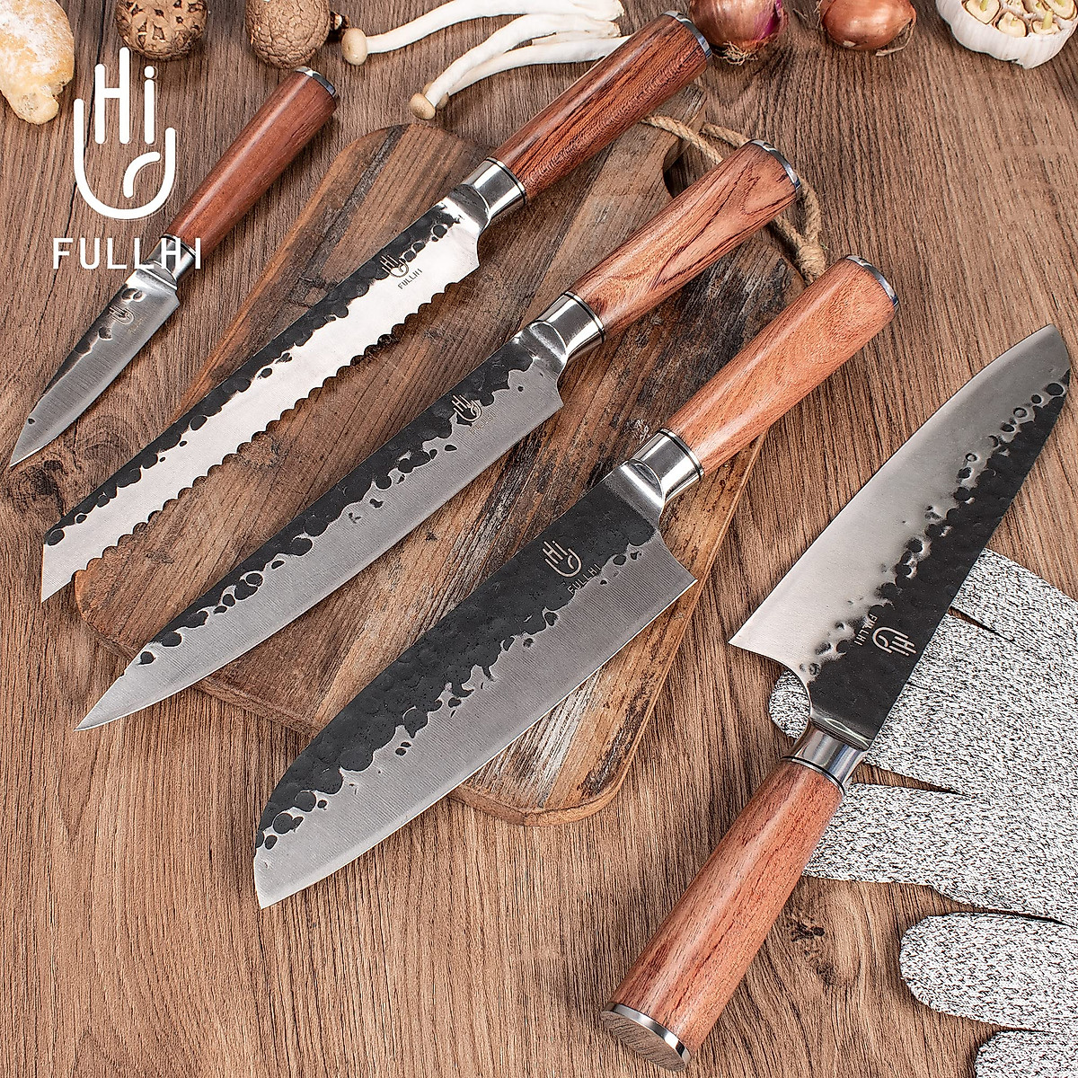 FULLHI 12pcs Butcher Chef Knife Set include sheath High Carbon Steel Cleaver Kitchen Knife Whole Tang Vegetable Cleaver Home BBQ Camping with Knife Bag,Meat Thermometer