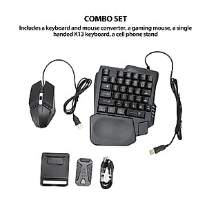 Half Hand Gaming Keyboard and Mouse Combo, 4 in 1 Mobile Game Combo Pack, Mobile Gamepad Controller, One Handed Gaming Keyboard, Mouse Converter, Adjustable Phone Stand