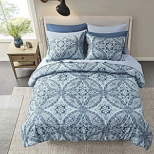 Comfort Spaces Bed in A Bag - Trendy Casual Design Cozy Comforter with Complete Sheet Set with Side Pocket, All Season Cover, Matching Shams, Full(80"x90"), Gloria, Damask Blue 9 Piece