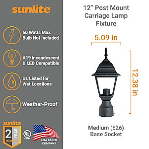 Sunlite 41322 Post Mount Carriage Lamp Fixture, 60 Watts Max, Single Medium Base Socket (E26), 120 Volts, Outdoor, UL Listed, for Residential & Commercial Use