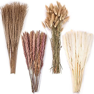 DomeStar 130PCS Pampas Grass Decor,Dried Pampas Grass Contains White and Natural Bunny Tail Grass Reed Boho Bouquet Decor for Wedding Party Home Table Vase Rustic Farmhouse Decor（18 inch）