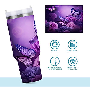 Maunzc 30 oz Tumbler with Handle and Straw, Insulated Stainless Steel Travel Mug with Lid for Coffee, Iced Tea, Water, Gift for Men Women (Purple Butterfly)