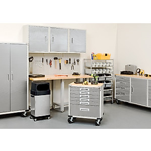 Seville Classics 17 Gallon/65 Liter Rolling Large Lidded Open Front Fingerprint Resistant 17-Gallon UltraHD Commercial Stainless Steel Trash Bin, with Wheels and Feet, Powder Grey