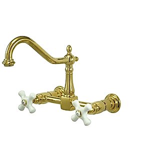 Kingston Brass KS1242PX Heritage Wall Mount 8-Inch Center Kitchen Faucet, Porcelain Cross Handle, 8-1/2-Inch, Polished Brass