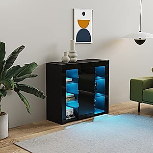 BUTURCAR Kitchen Buffet Storage Cabinet, Modern Dining Room Sideboard Cabinet, Hallway Living Room Display Cabinet - Black High Gloss Buffet Cabinet with Storage, Door, and LED Light
