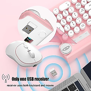 Typewriter Style Wireless Keyboard and Mouse Combo, Mute Keyboard with 2.4G 104-Key Retro Round Keycap Keyboard Ergonomic Design and Wterproof Keyboard with Round Mouse, White & Pink