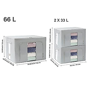 XULAN 66L Oxford Clothes Storage Bins, 2 Pack Large Metal Frame Storage Bins Stackable with Clear Window | Carry Handles for Seasonal Clothing, Bedding, Toys (Grey)
