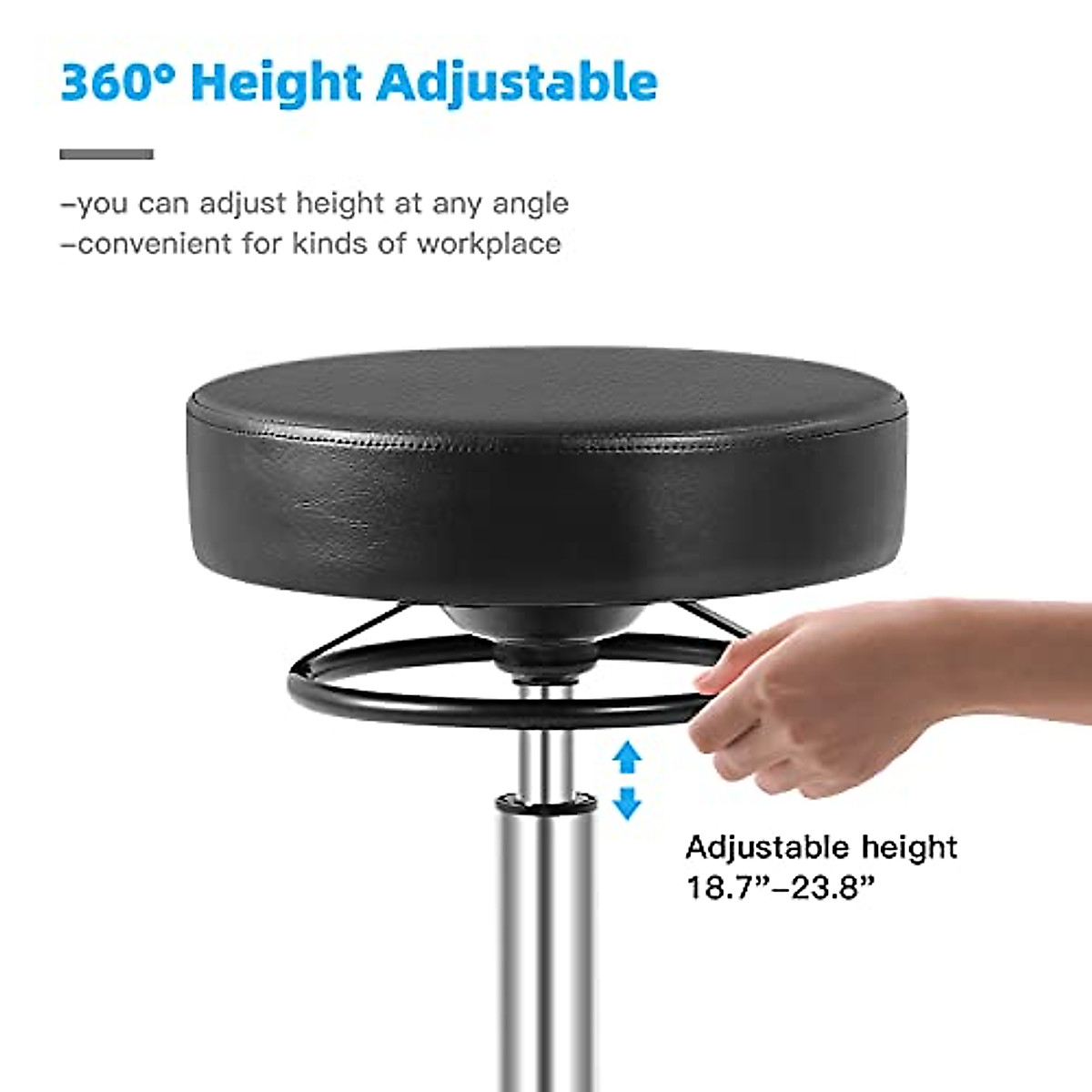 Mineloff Rolling Stool with Wheels 400lbs Weight Capacity,Heavy Duty Lash Chair Adjustable for Tatoo Lab Massage Salon Spa Drafting Nail Teach,360 Swivel,Leather,Thick Seat Padding (Black)